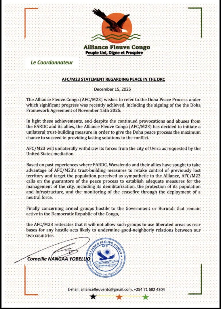 Sud-Kivu : l’AFC/M23 annonce son retrait de la ville d’Uvira sous ...